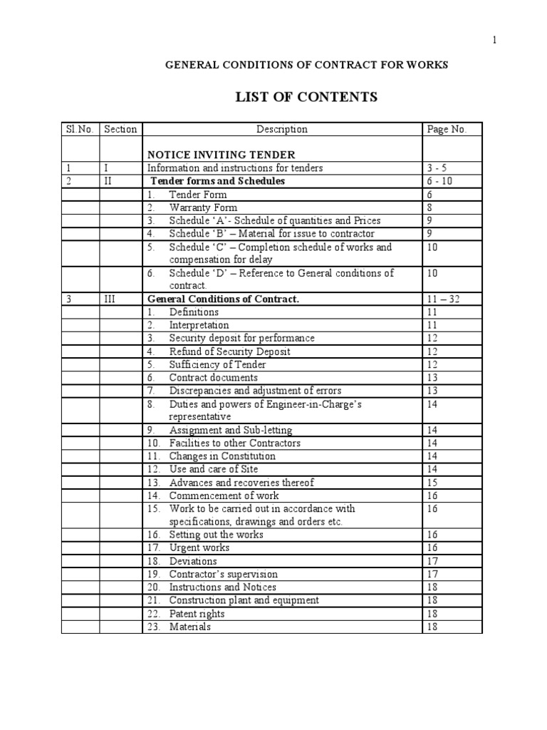 List of Contents: General Conditions of Contract For Works | PDF ...