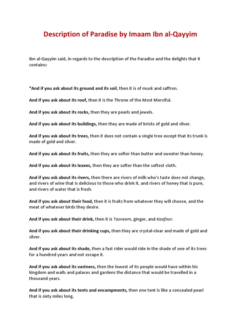 Description of Paradise by Ibn Qayyim | Heaven