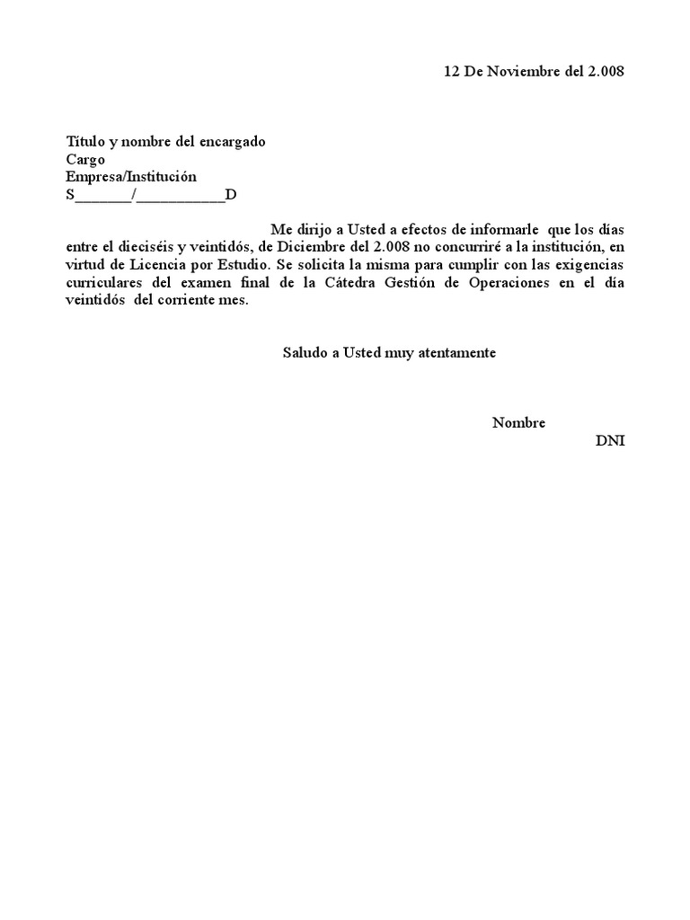 Modelo de Nota para Solicitar Licencia Por Estudio. | PDF