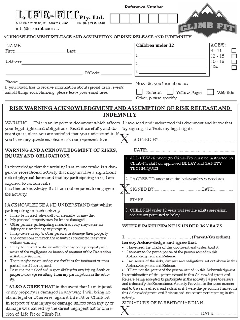 Risk Warning Acknowledgment and Assumption of Risk Release and ...