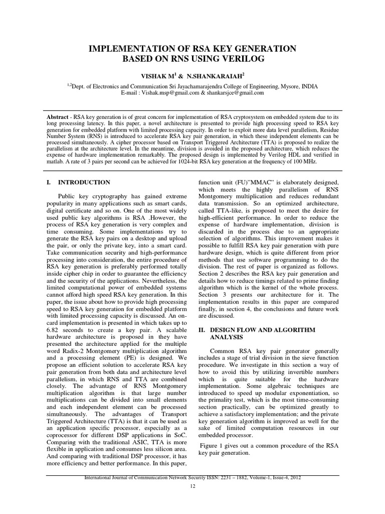 Implementation Of Rsa Key Generation Based On Rns Using Verilog Pdf