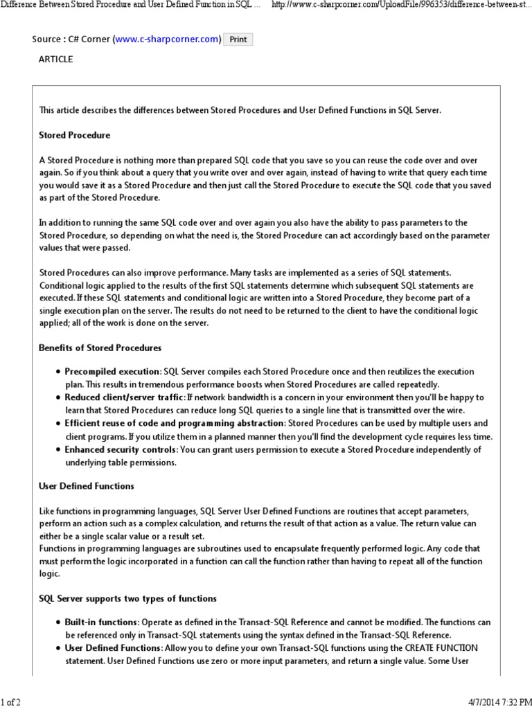 Difference Between Stored Procedure and User Defined Function in SQL Server | PDF | Subroutine ...
