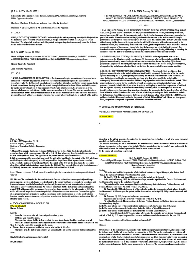 Revocation of Wills Case Digests | PDF | Will And Testament | Probate