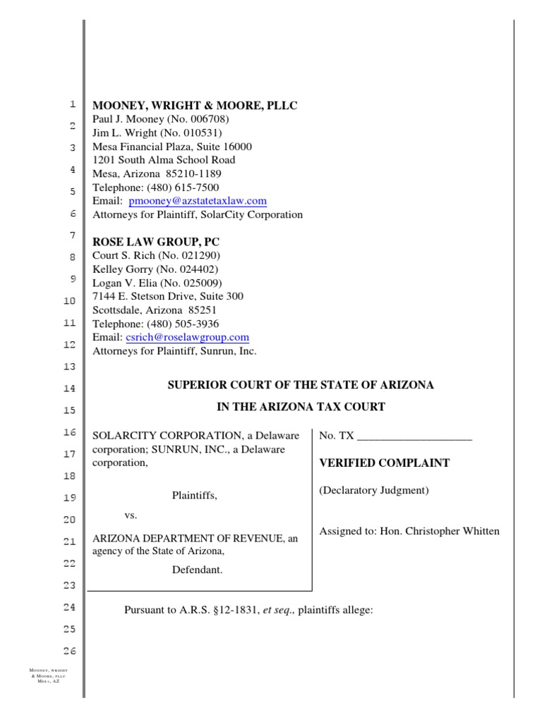 SolarCity - Verified Complaint For Declaratory Judgment | PDF | Lease ...