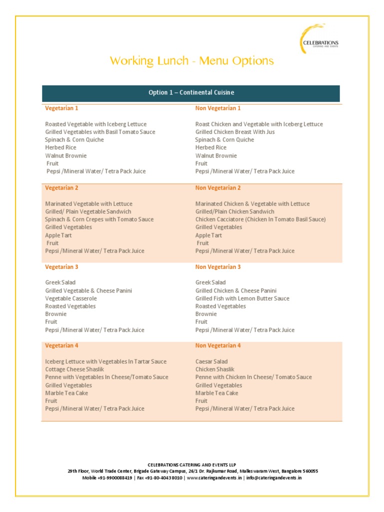 Working Lunch - Menu Options: Option 1 - Continental Cuisine | PDF ...