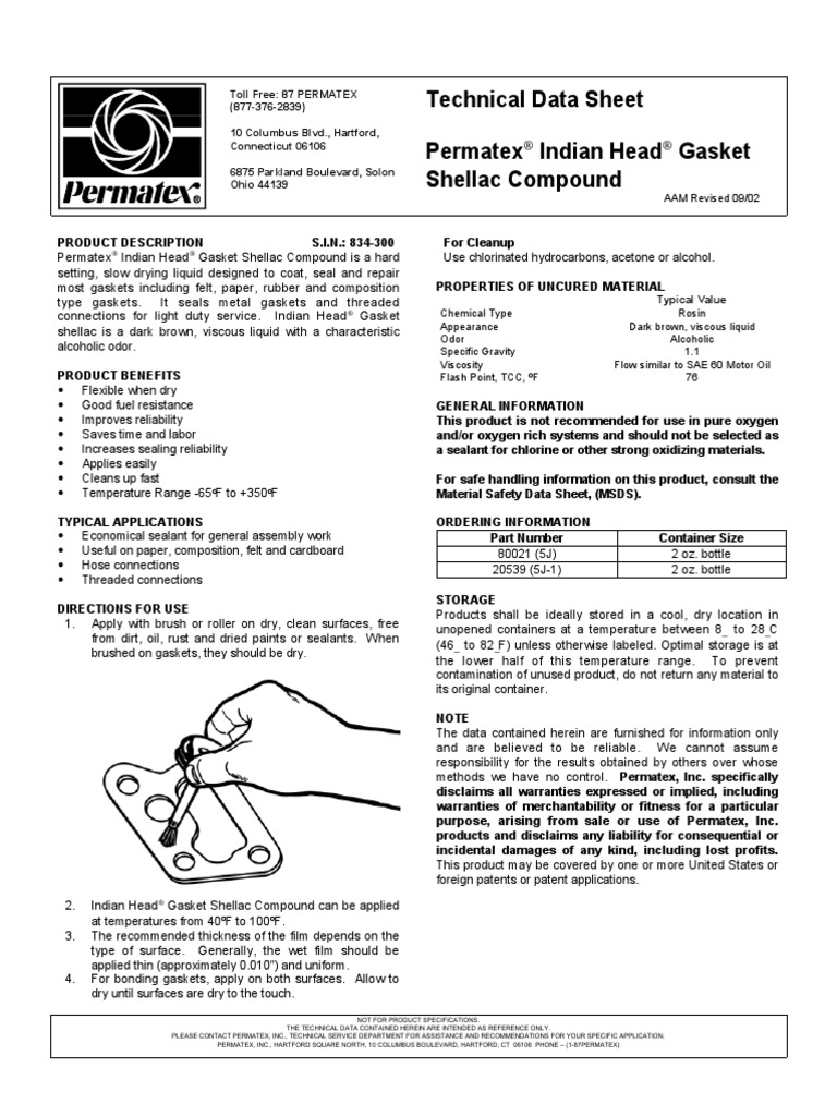 Technical Data Sheet Permatex Indian Head Gasket Shellac Compound | PDF ...