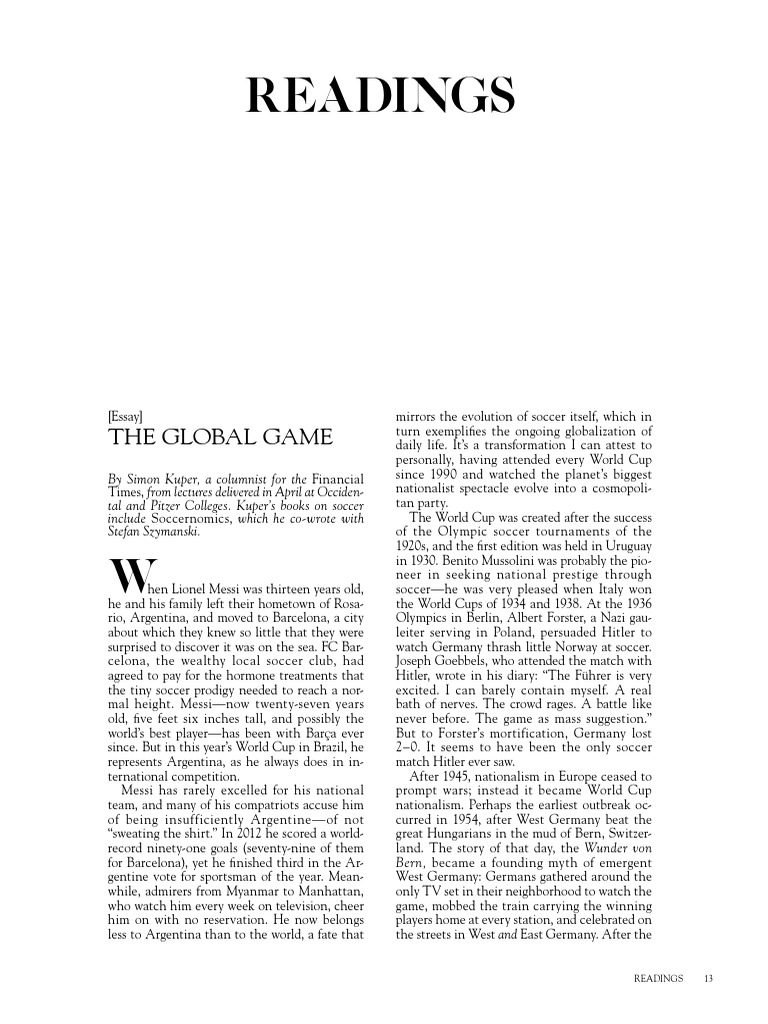 'The Global Game,' by Simon Kuper | PDF | Lionel Messi | Adolf Hitler