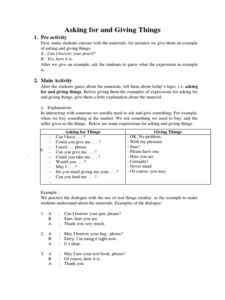 Asking and Giving Things Materials | PDF | Behavior Modification | Learning