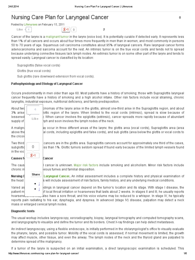 Nursing Care Plan For Laryngeal Cancer - Lifenurses | PDF | Larynx | Cancer