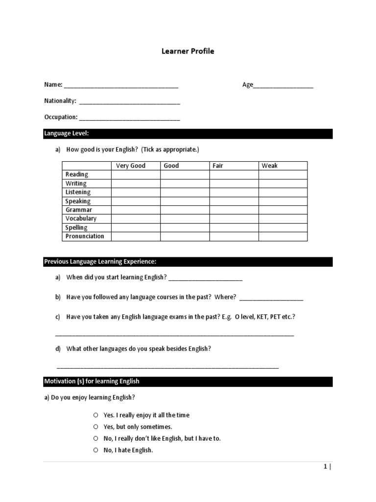 English Learner Profile Questionnaire | PDF