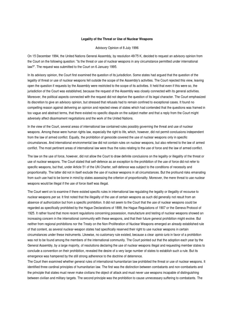 Legality of Nuclear Weapons Case Digest | PDF | Advisory Opinion ...