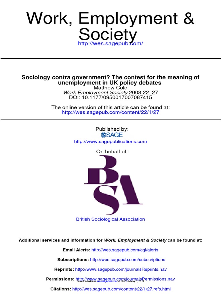 Work Employment Society 2008 Cole 27 43 | PDF | Unemployment | Social ...