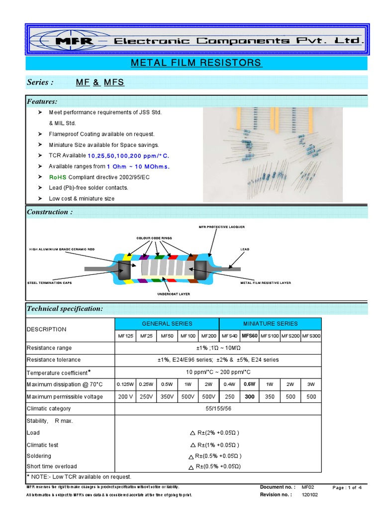 MFR Datasheet | Resistor | Electrical Resistance And Conductance | Free ...
