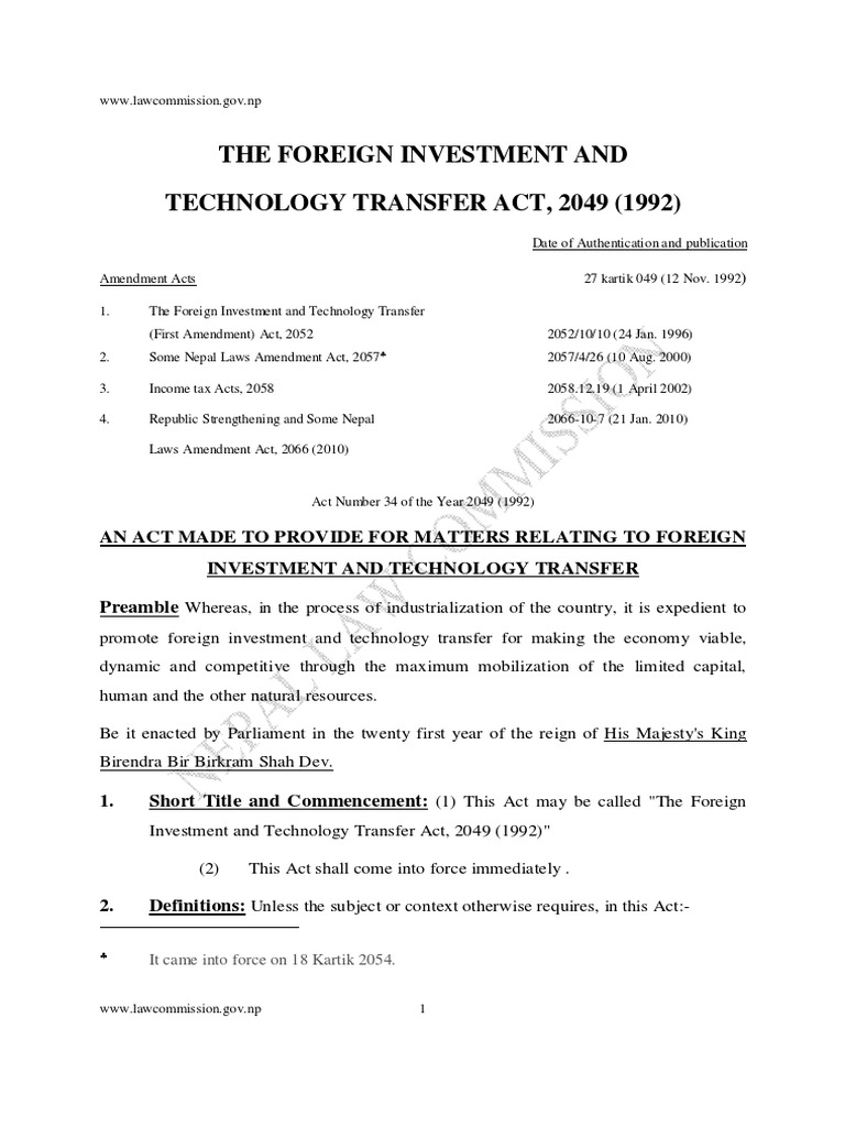 Foreign Investment & Technology Act 2075 | PDF | Foreign Direct ...