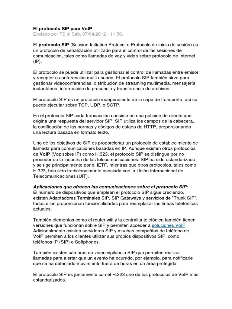 El Protocolo SIP para VoIP | PDF | protocolo de Iniciacion de Sesion ...