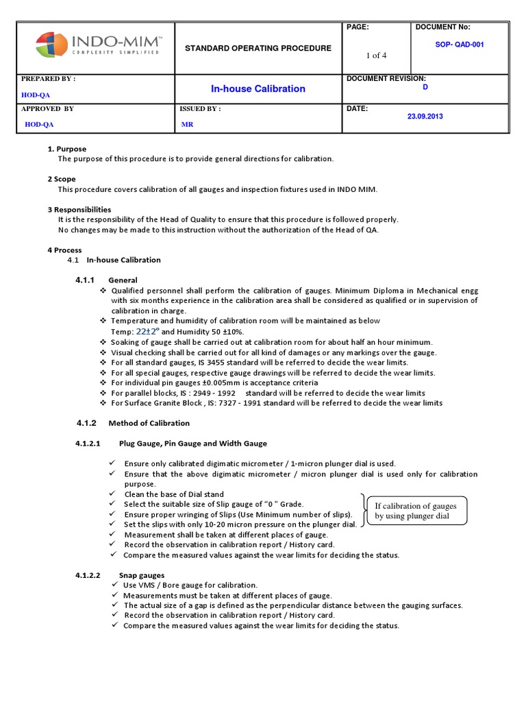 SOP-QAD-001 - Inhouse Calibration | PDF | Calibration | Equipment