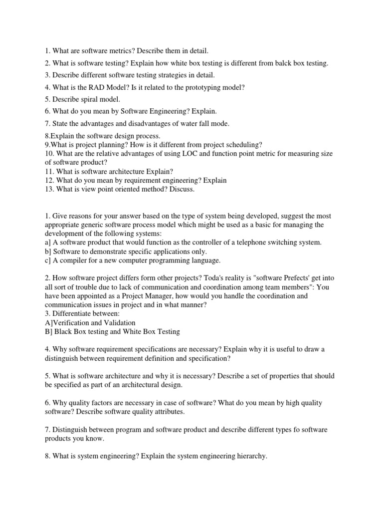 Software Engineering Question Bank | PDF