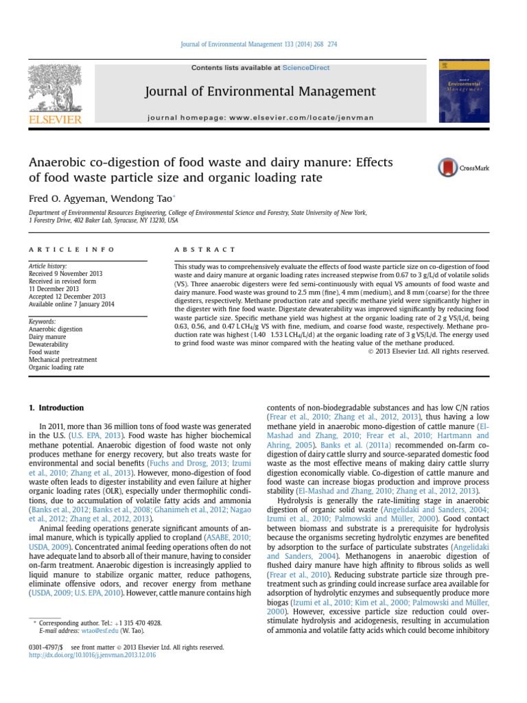Anaerobic Co Digestion of Food Waste and Dairy Manure Effects of Food ...