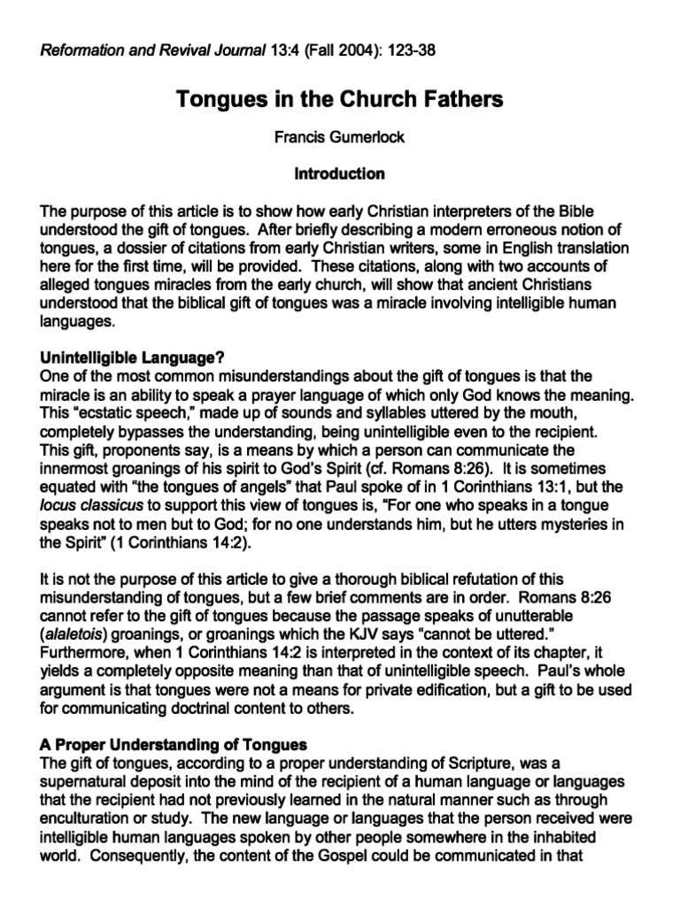 Early Church Fathers on Tongues | PDF | Glossolalia | Pentecostalism