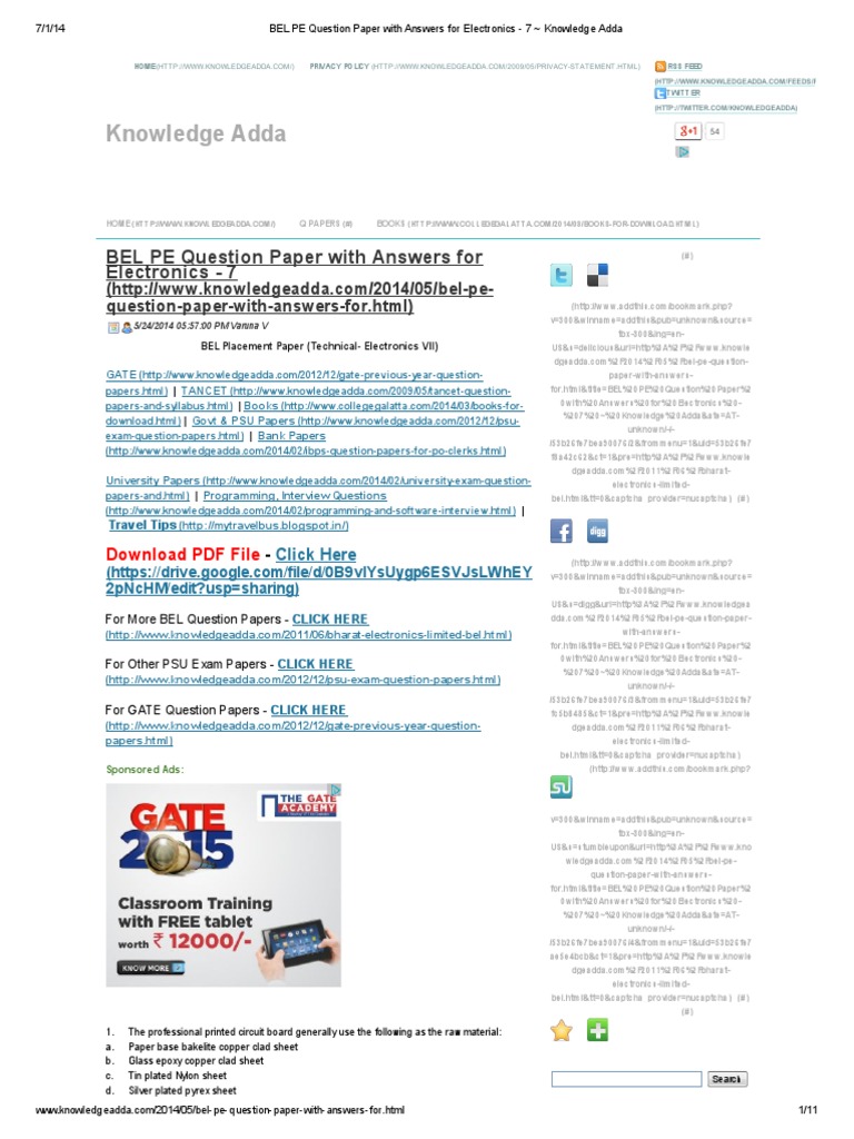 BEL PE Question Paper With Answers For Electronics - 7 Knowledge Adda ...