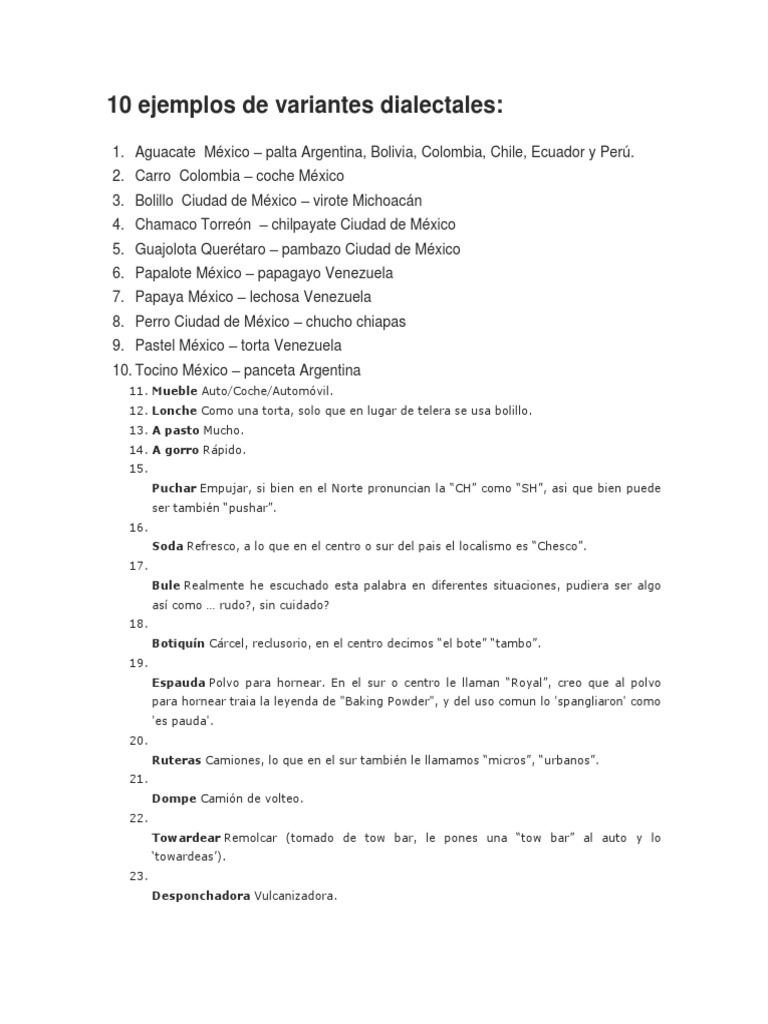 10 Ejemplos de Variantes Dialectales | PDF | Transporte | Alimentos