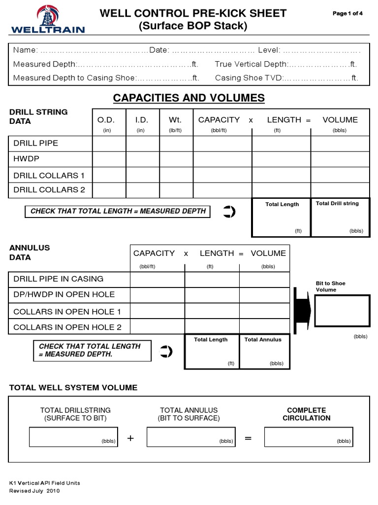 IWCF Surface Vertical Kill Sheet - API Field Units - Revised July 2010 | PDF | Casing (Borehole ...
