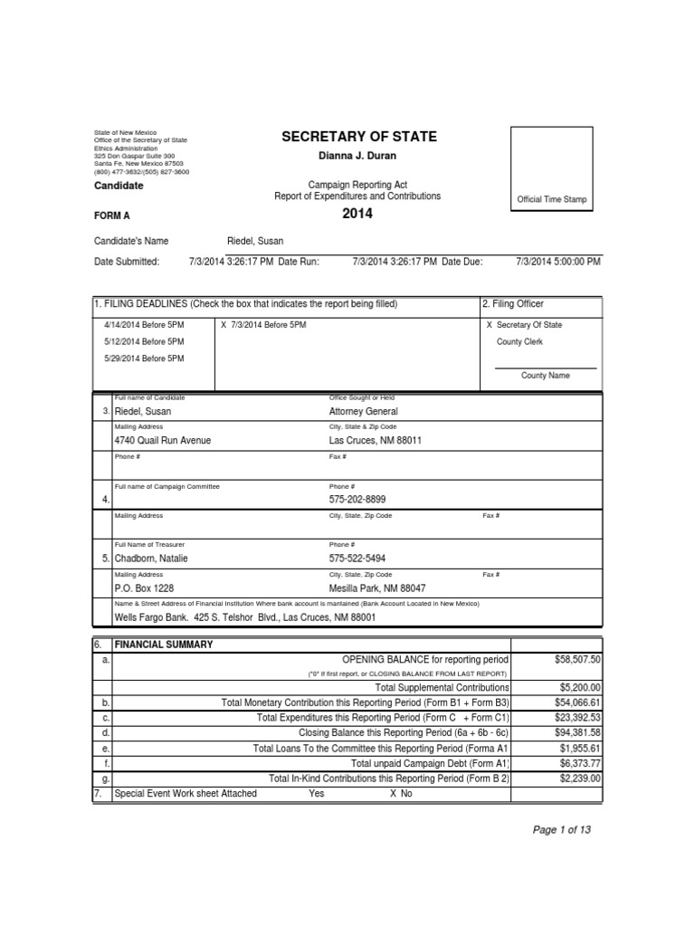 Susan Riedel Fourth Primary Campaign Finance Report | PDF