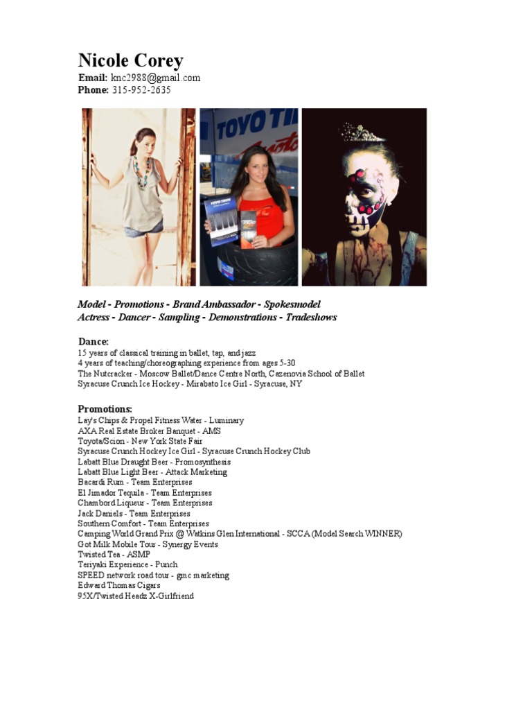 Nicole Corey: Model & Brand Ambassador Resume | PDF