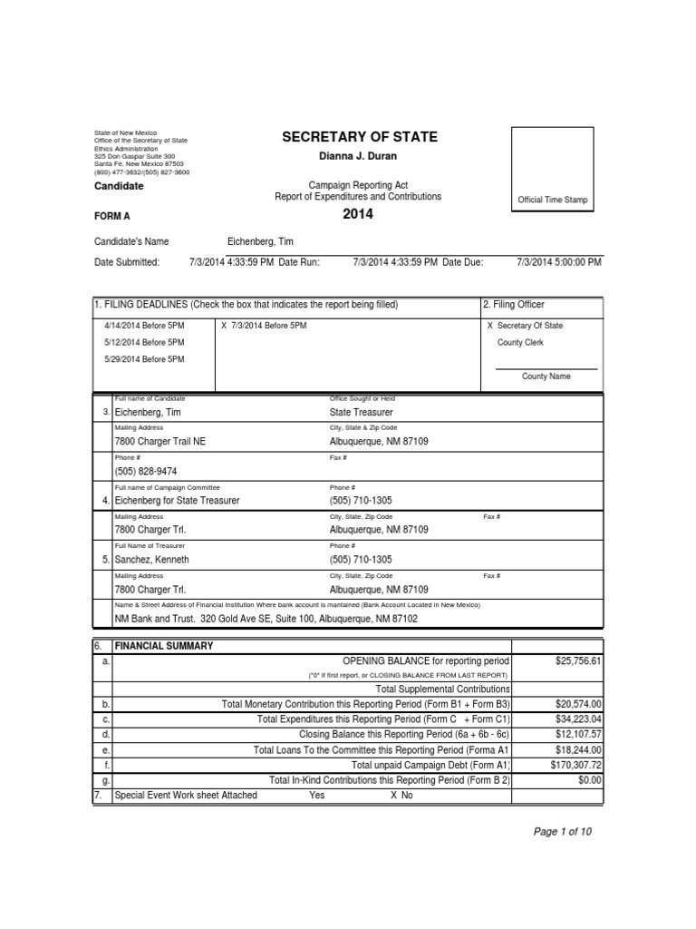 Tim Eichenberg Fourth Primary Campaign Finance Report | PDF ...