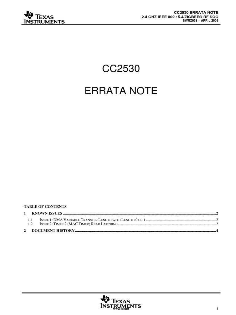 CC2530 Errata Sheet | PDF | Intellectual Property | Network Packet