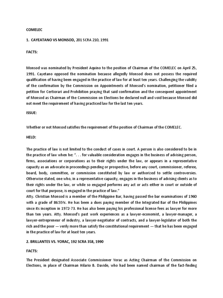Comelec 1. Cayeatano Vs Monsod, 201 Scra 210, 1991 Facts | PDF ...