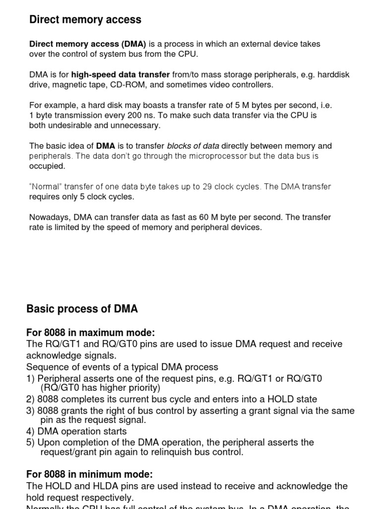 Direct Memory Access: Direct Memory Access (DMA) Is A Process in Which An External Device Takes ...