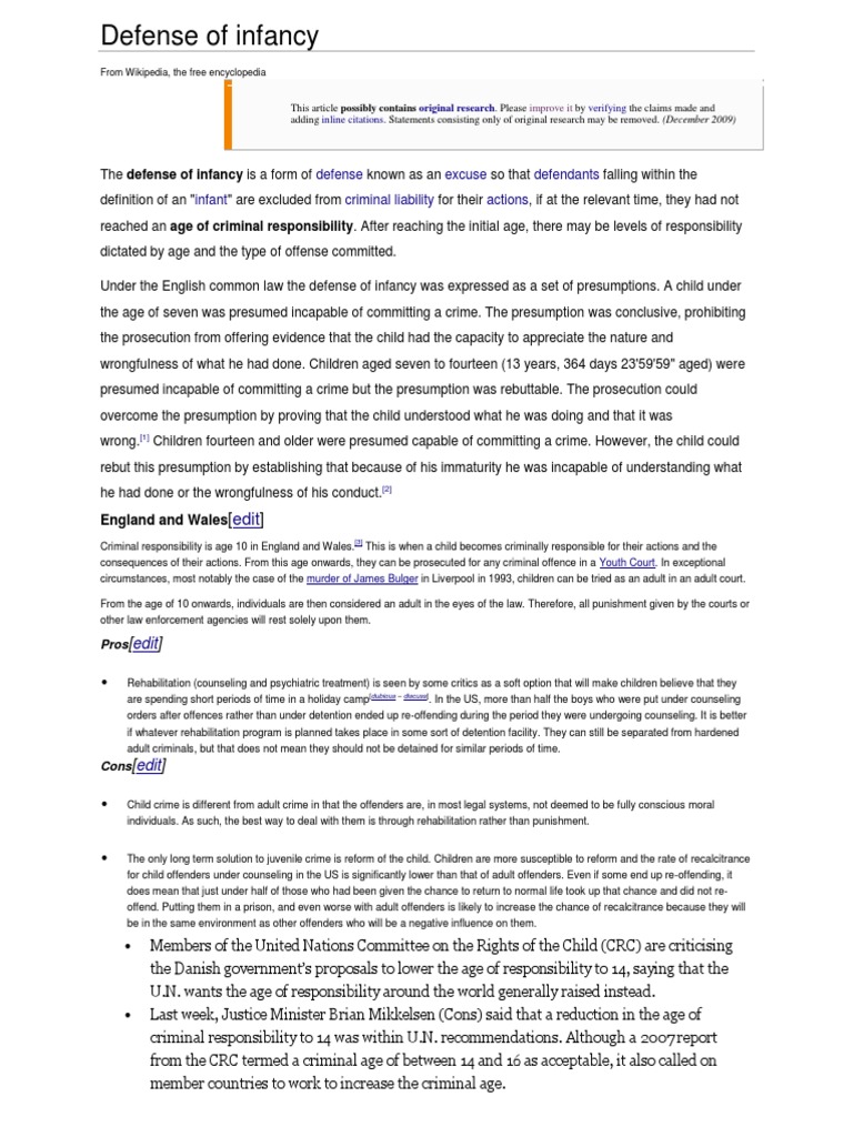 Defense of Infancy: Defense Excuse Defendants Infant Criminal Liability ...