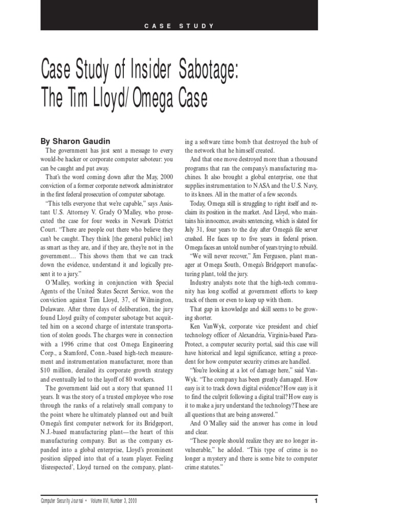 Case Study of Insider Sabotage: The Tim Lloyd/Omega Case: by Sharon ...