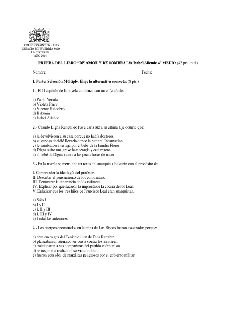 Prueba sobre "De amor y de sombra" | PDF | Novela negra, policíaca y ...