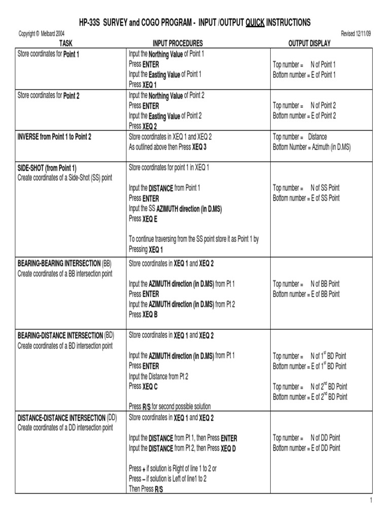 Hp-33S Survey and Cogo Program - Input /output Quick Instructions | PDF | Angle | Perpendicular