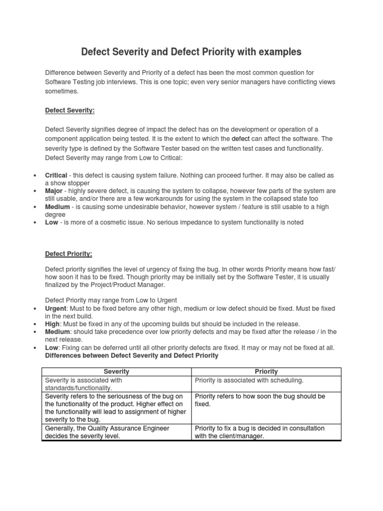 Defect Severity and Defect Priority With Examples | PDF | Software Bug ...