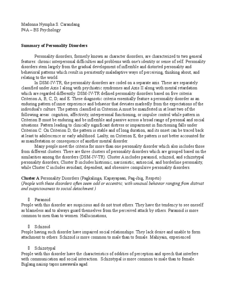 Summary of Personality Disorders: and Suspiciousness To Social ...