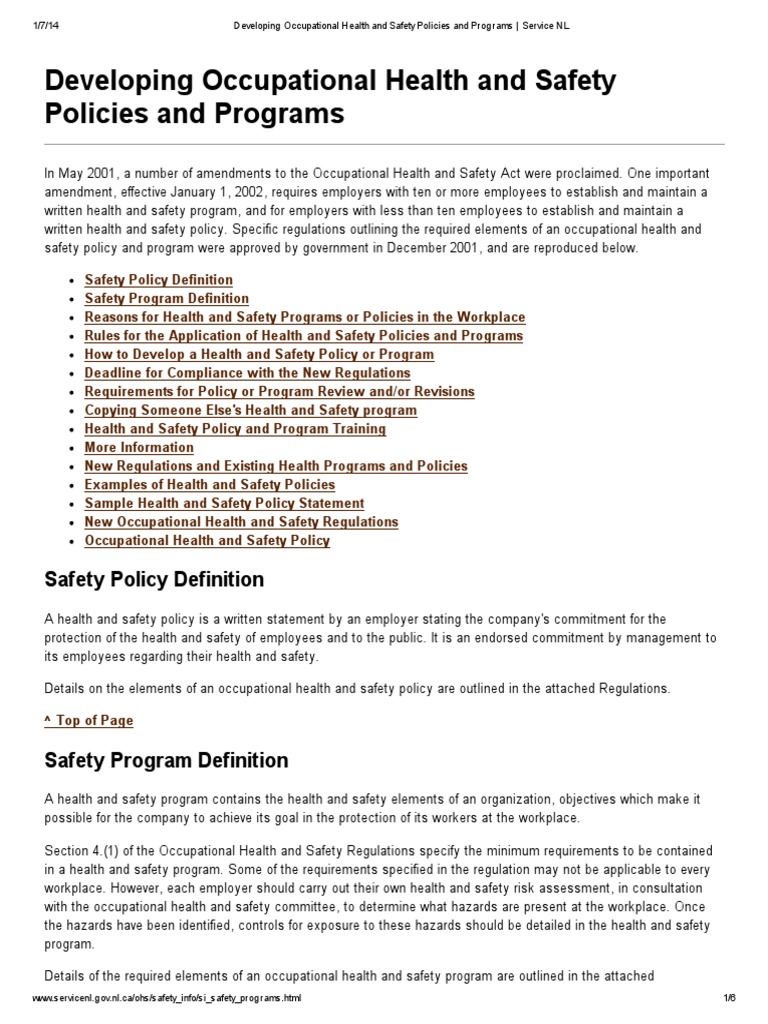 Developing Occupational Health and Safety Policies and Programs ...