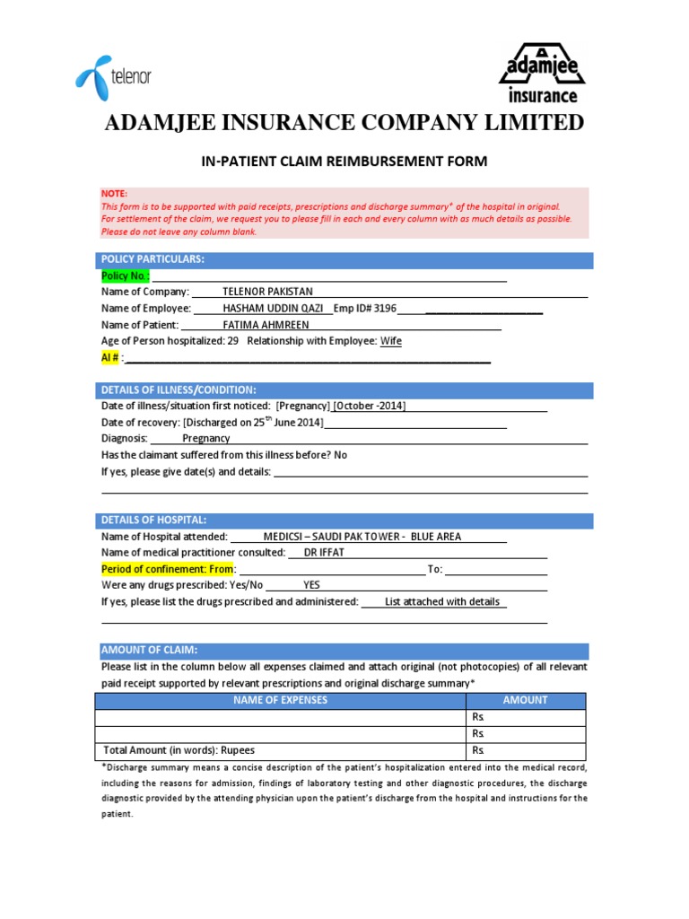 Adamjee In-Patient Claim Reimbursement Form | PDF | Patient | Medical ...