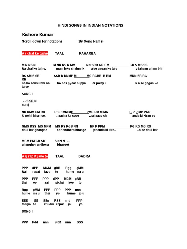 Hindi Songs in Indian Notations | PDF