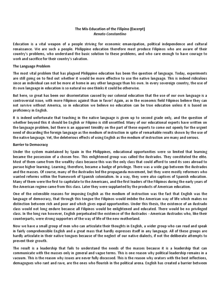The Mis-Education of The Filipino (Excerpt) | PDF | Language Arts ...