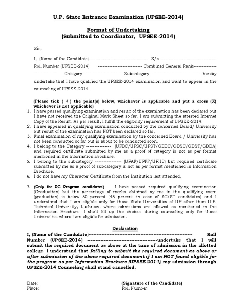 Undertaking Format Counseling UPSEE 2014 | PDF | Academic Certificate ...