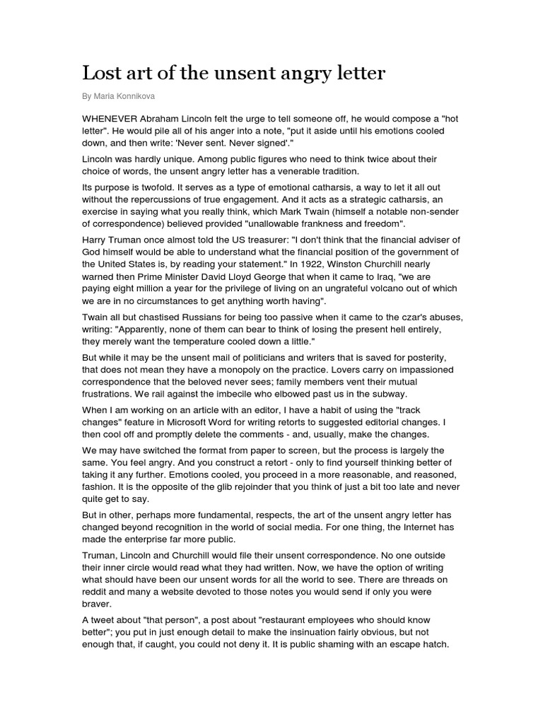 Lost Art of The Unsent Angry Letter | PDF | Anger