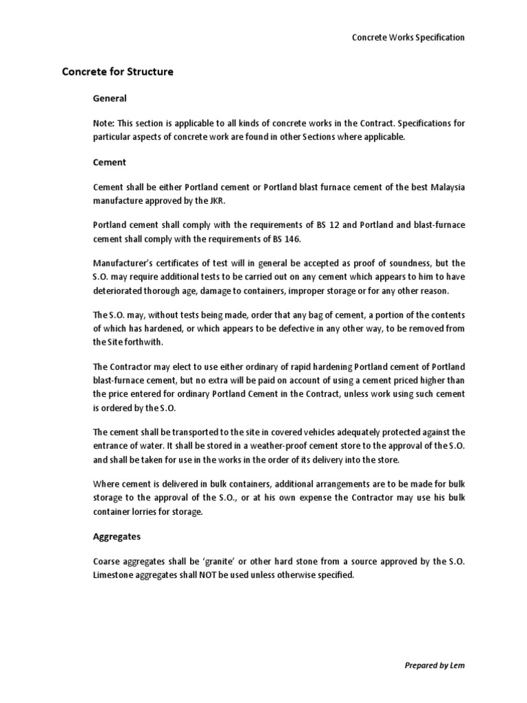 Concrete Works Specification | PDF | Construction Aggregate | Concrete