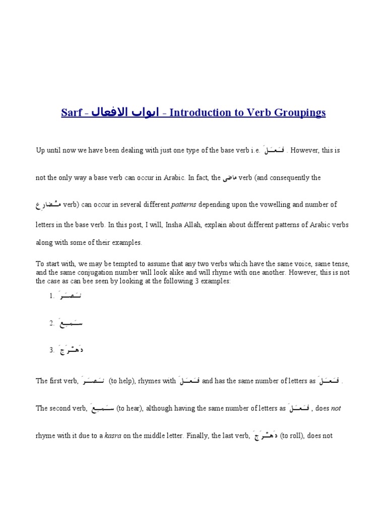 Sarf Abwab Ul Afaal Introduction To Verb Groupings | PDF | Arabic | Verb