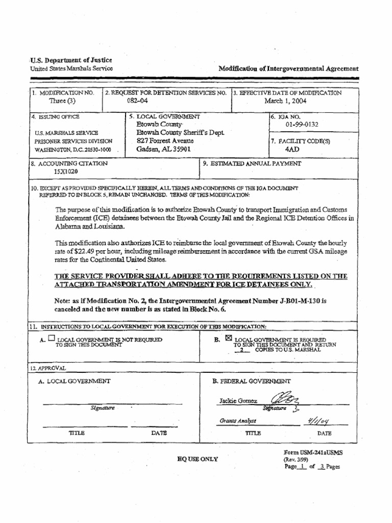 Etowah County Sheriff's Office (Alabama) Intergovernmental Service Agreement (IGSA) With ICE ...
