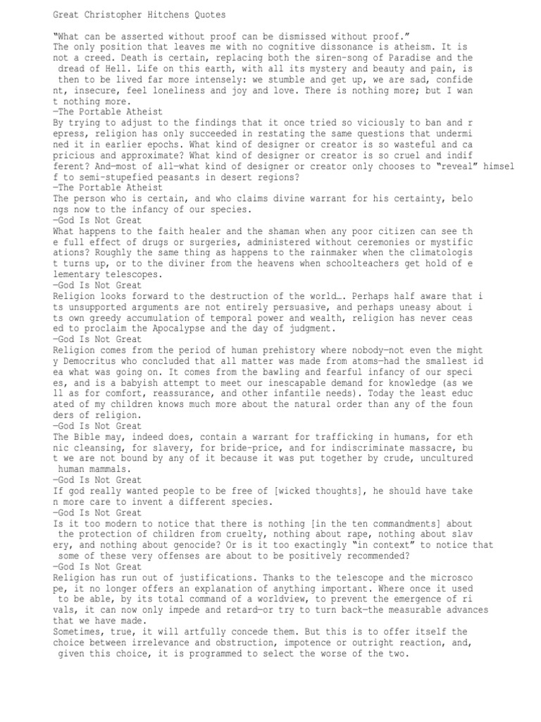 Great C Hitchens Quotes | PDF | Atheism | Faith