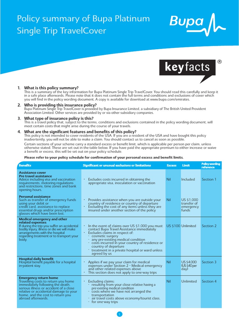 Policy Summary of Bupa Platinum Single Trip Travelcover | PDF ...