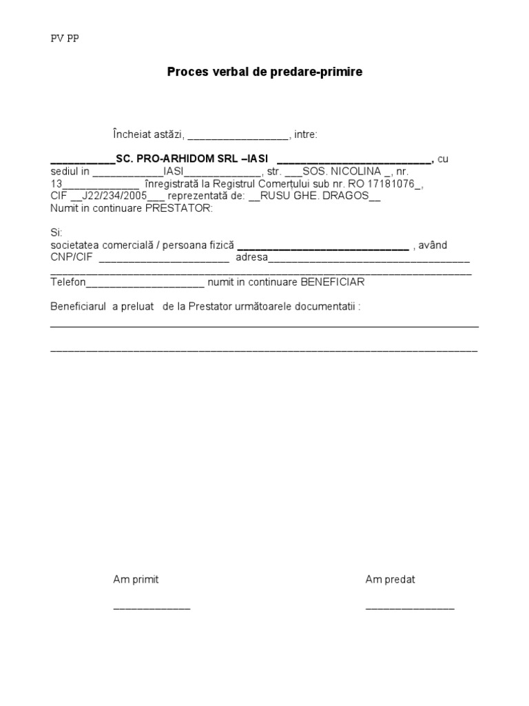 Model Proces Verbal De Predare Primire Bunuri - Free Schedule & Planner ...